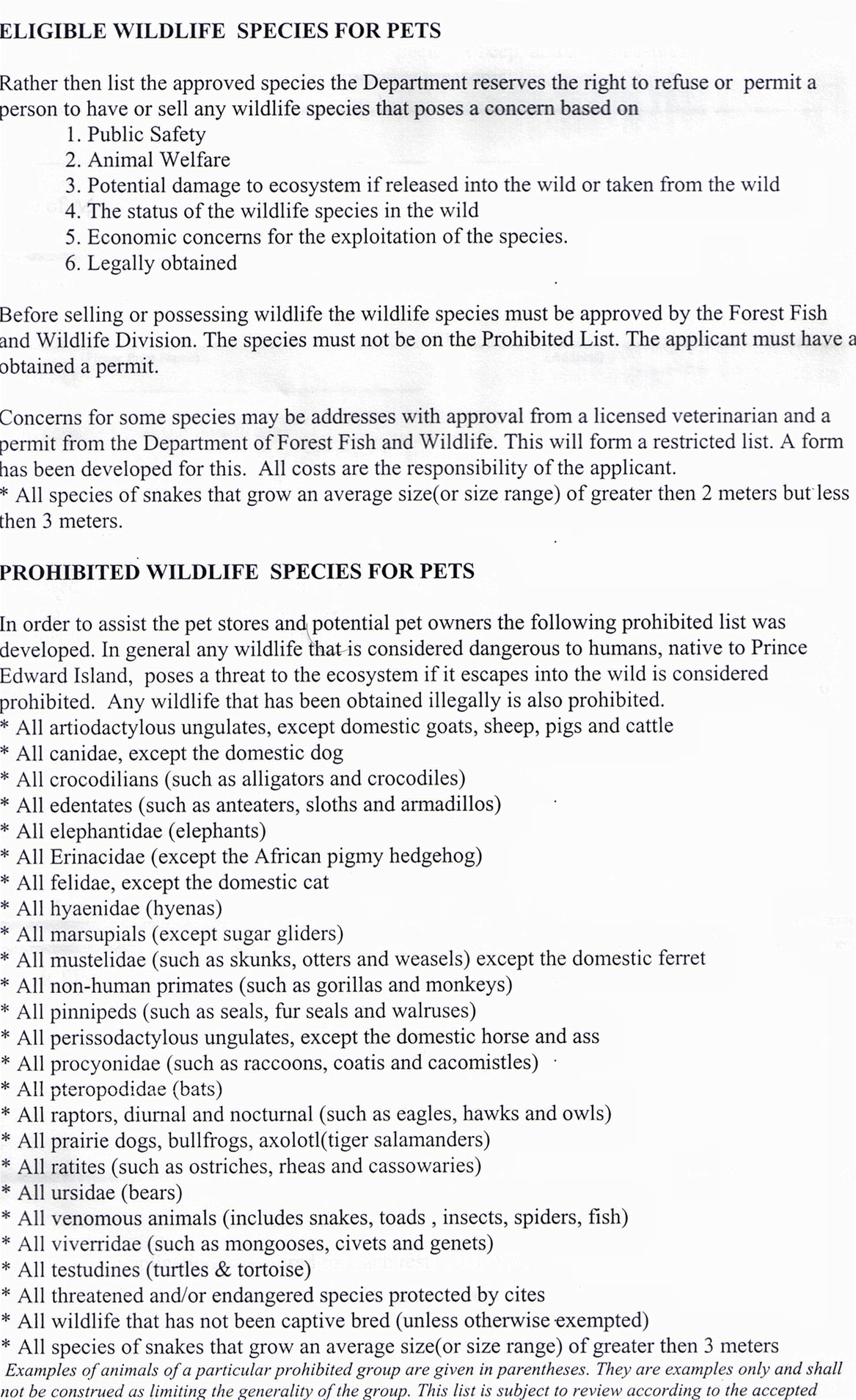 PEI Exotic Pet Regualtions